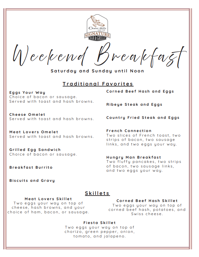 Weekend Breakfast Menu - Chalet Hills Golf Club